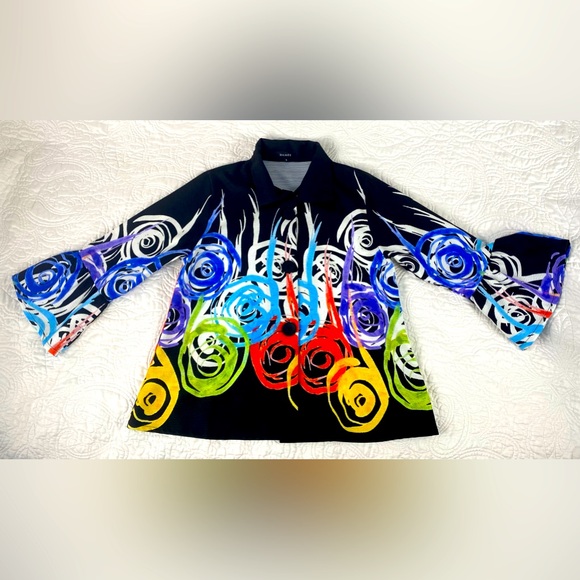 Damee | Jackets & Coats | Damee Black Multicolor Abstract Swirl Mid ...